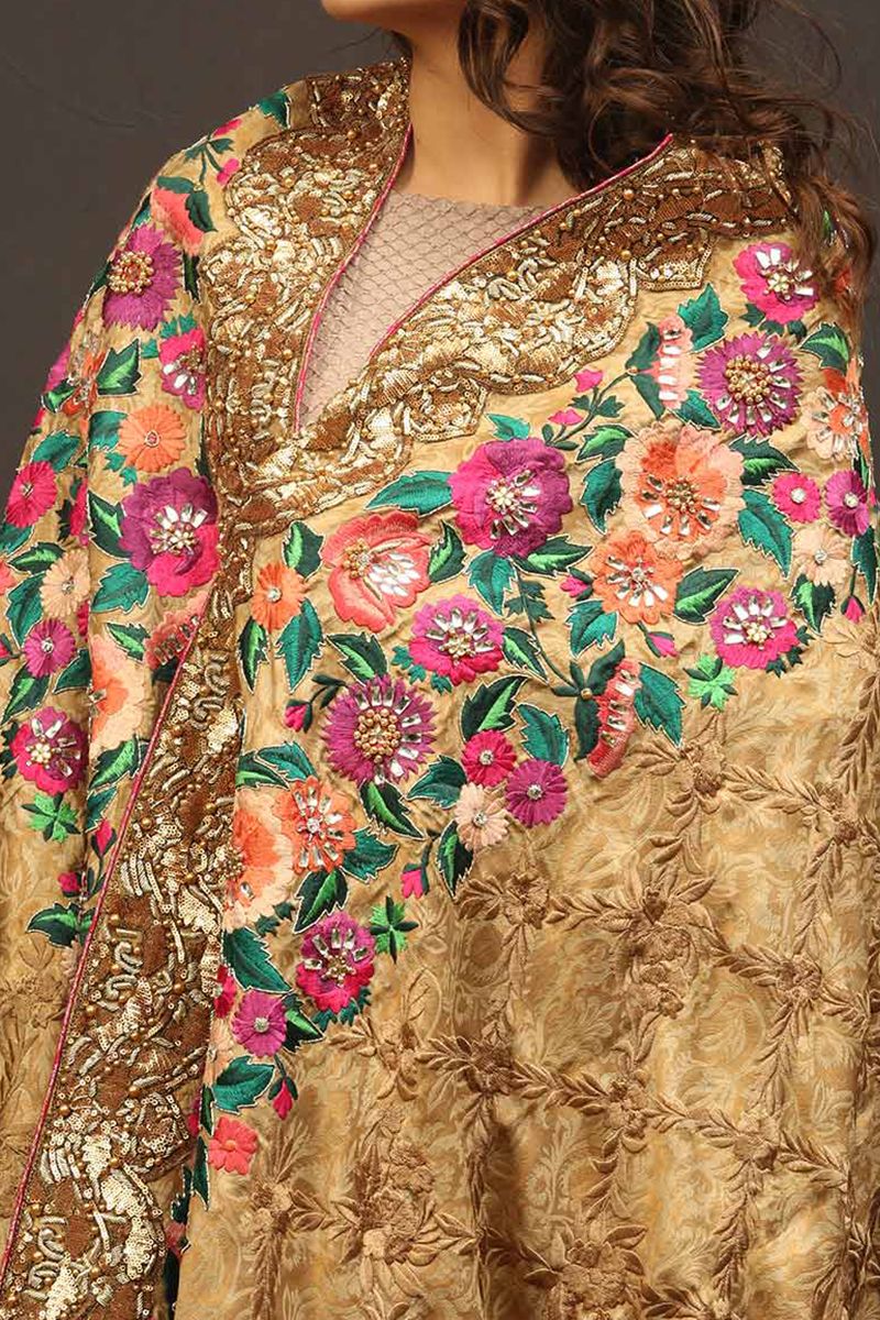 Gold Pink Floral Border Shawl (Heavy Formal) | Komal Nasir