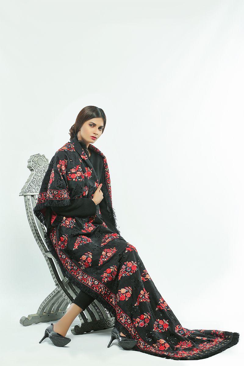 Black Raw Silk Shawl with Single Needle Embroidary and Cut Work | Komal ...